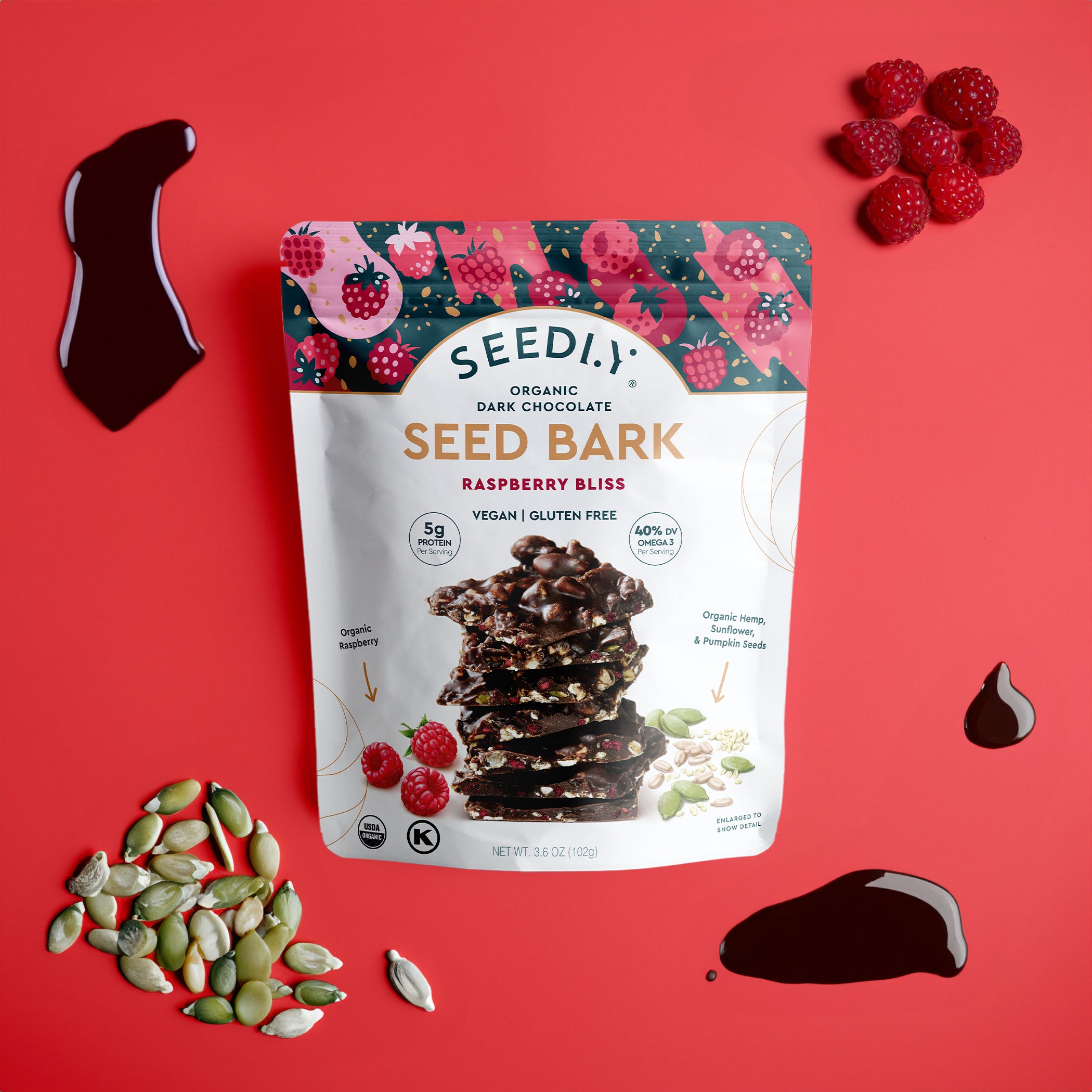 SEEDLY, Raspberry Bliss, Dark Chocolate Bark, Organic Healthy Snack