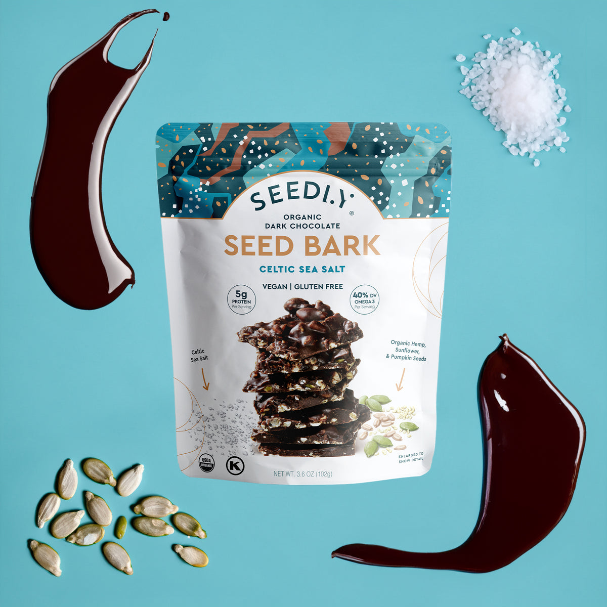 SEEDLY, Celtic Sea Salt, Dark Chocolate Bark, Organic Healthy Snack